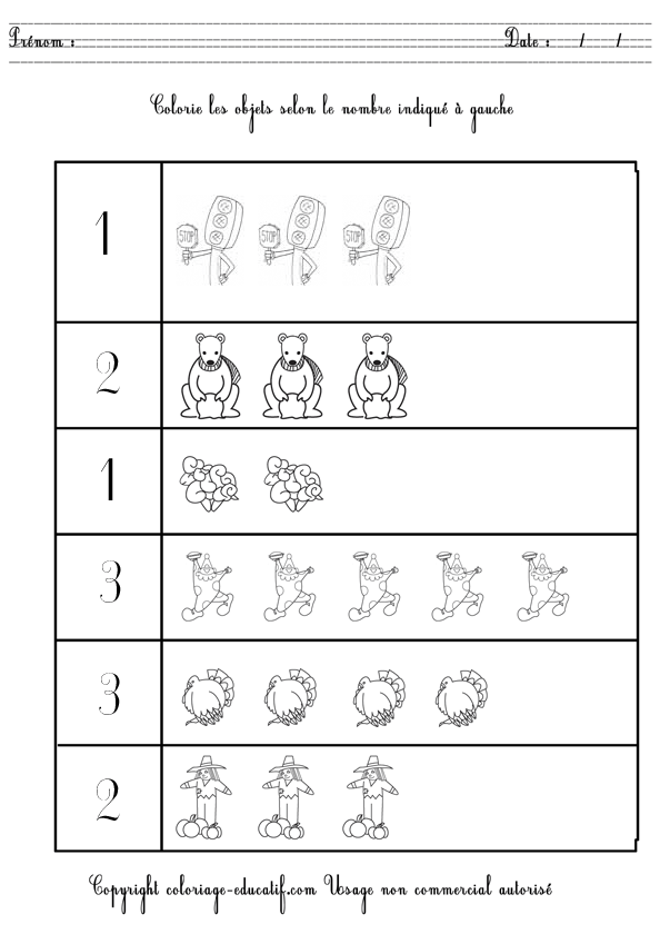 Coloriage educatif - Colorie les objets (chiffres 1-10)/Apprendre Ã ...