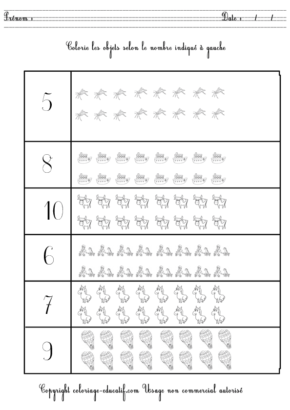 Coloriage educatif - Colorie les objets (chiffres 1-10)/Apprendre à ...