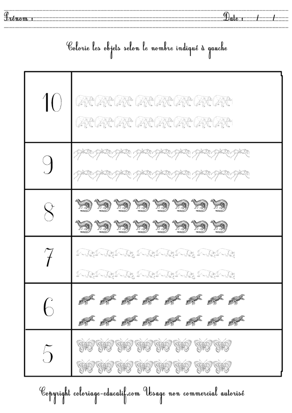 Coloriage educatif - Colorie les objets (chiffres 1-10)/Apprendre à ...