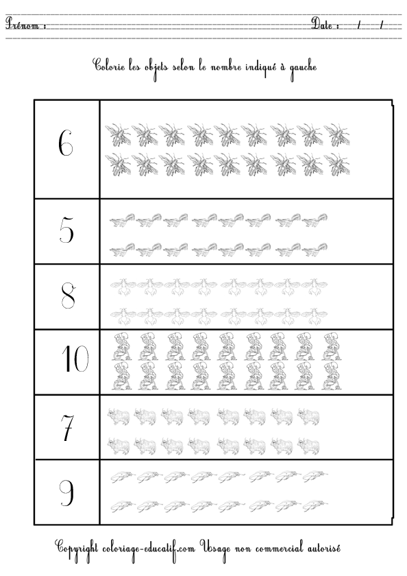 Coloriage educatif - Colorie les objets (chiffres 1-10)/Apprendre à ...