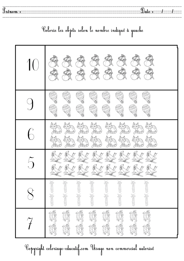 Coloriage educatif - Colorie les objets (chiffres 1-10)/Apprendre Ã ...