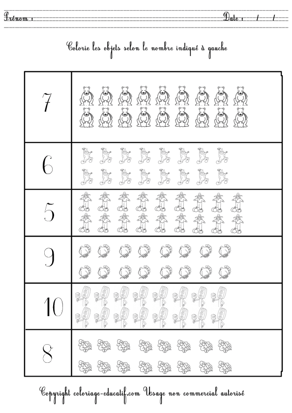 Coloriage educatif - Colorie les objets (chiffres 1-10)/Apprendre à ...